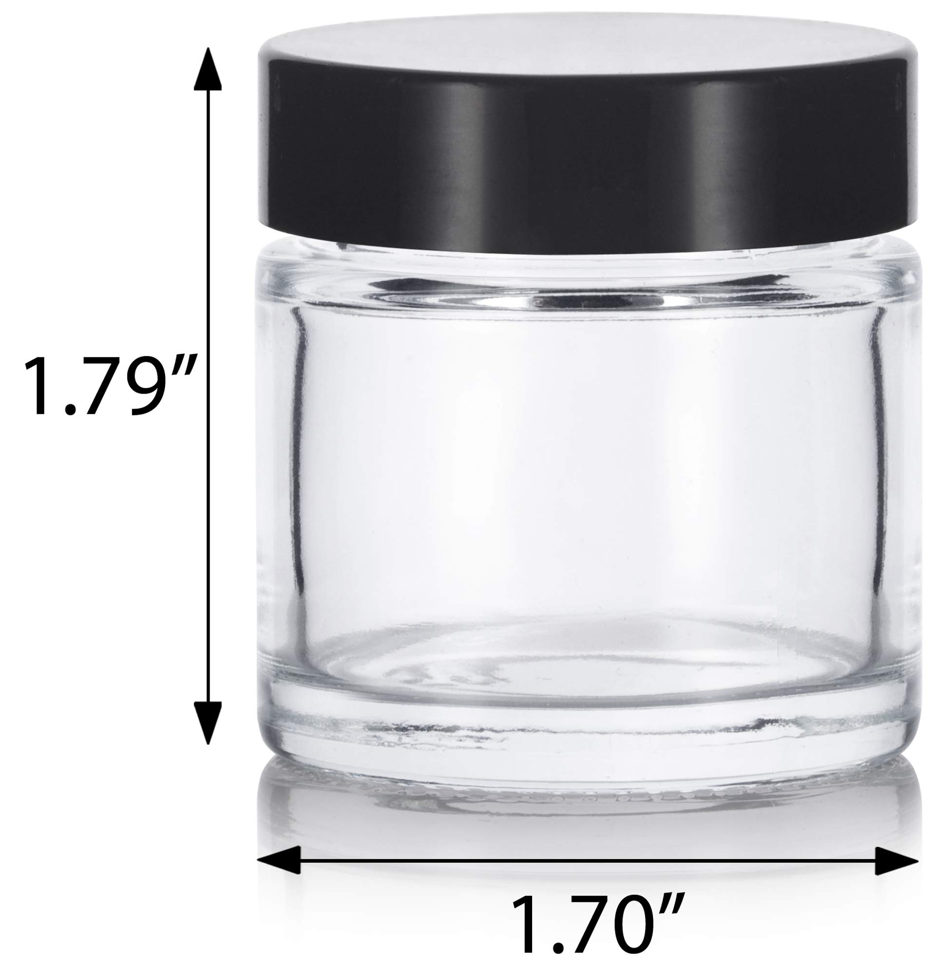1 oz / 30 ml Clear Thick Wall Glass Straight Sided Jar with Black Smooth Lids (12 Pack) Airtight, Smell Proof