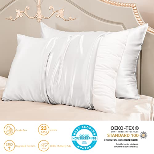 PROMEED 23 Momme White Silk Pillowcase for Hair and Skin, 100% Natural Mulberry Silk Pillow Case for Sensitive Skin, Breathable and Soft Acne Pillowcase (Standard 20"x26", White)