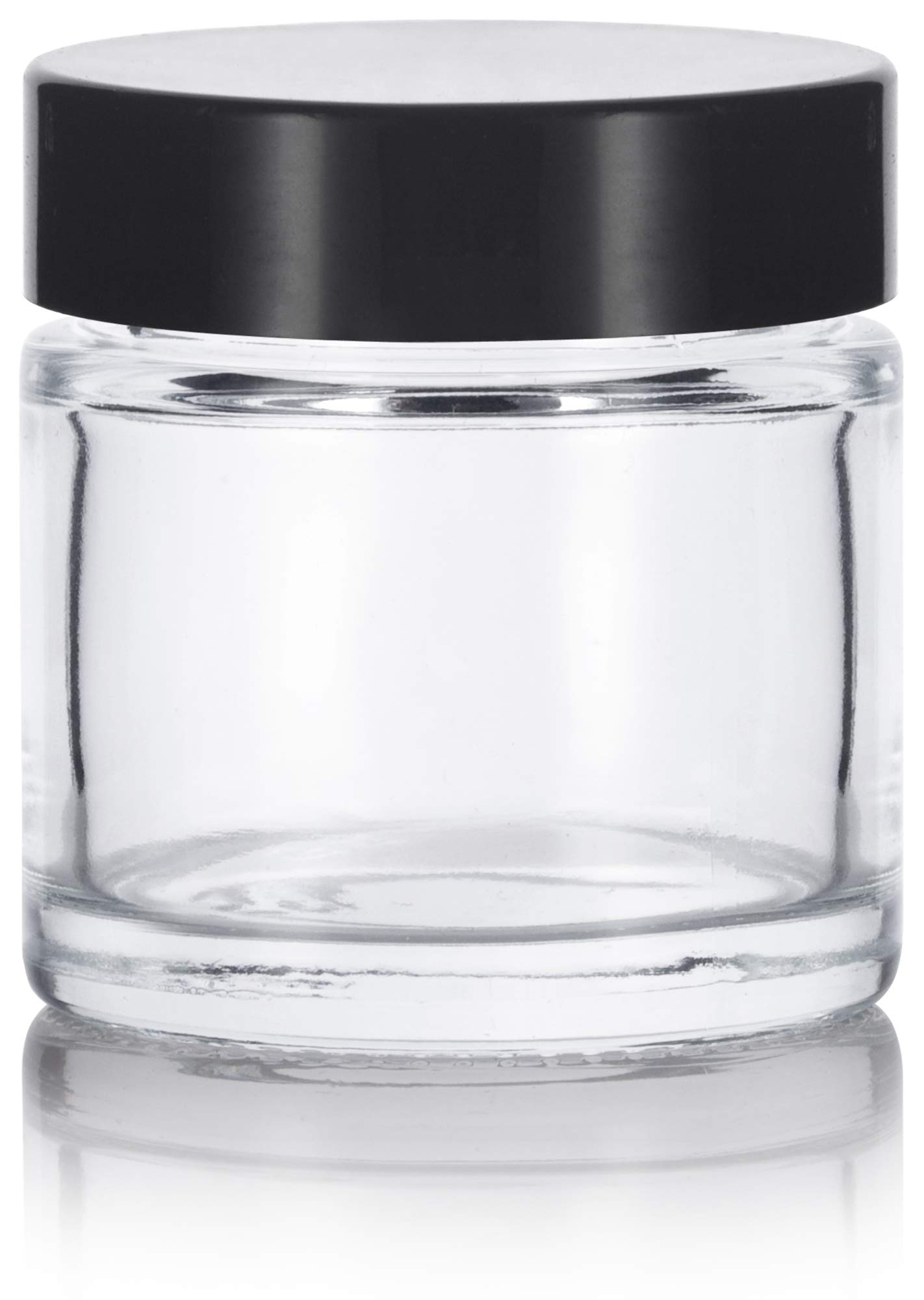 1 oz / 30 ml Clear Thick Wall Glass Straight Sided Jar with Black Smooth Lids (12 Pack) Airtight, Smell Proof