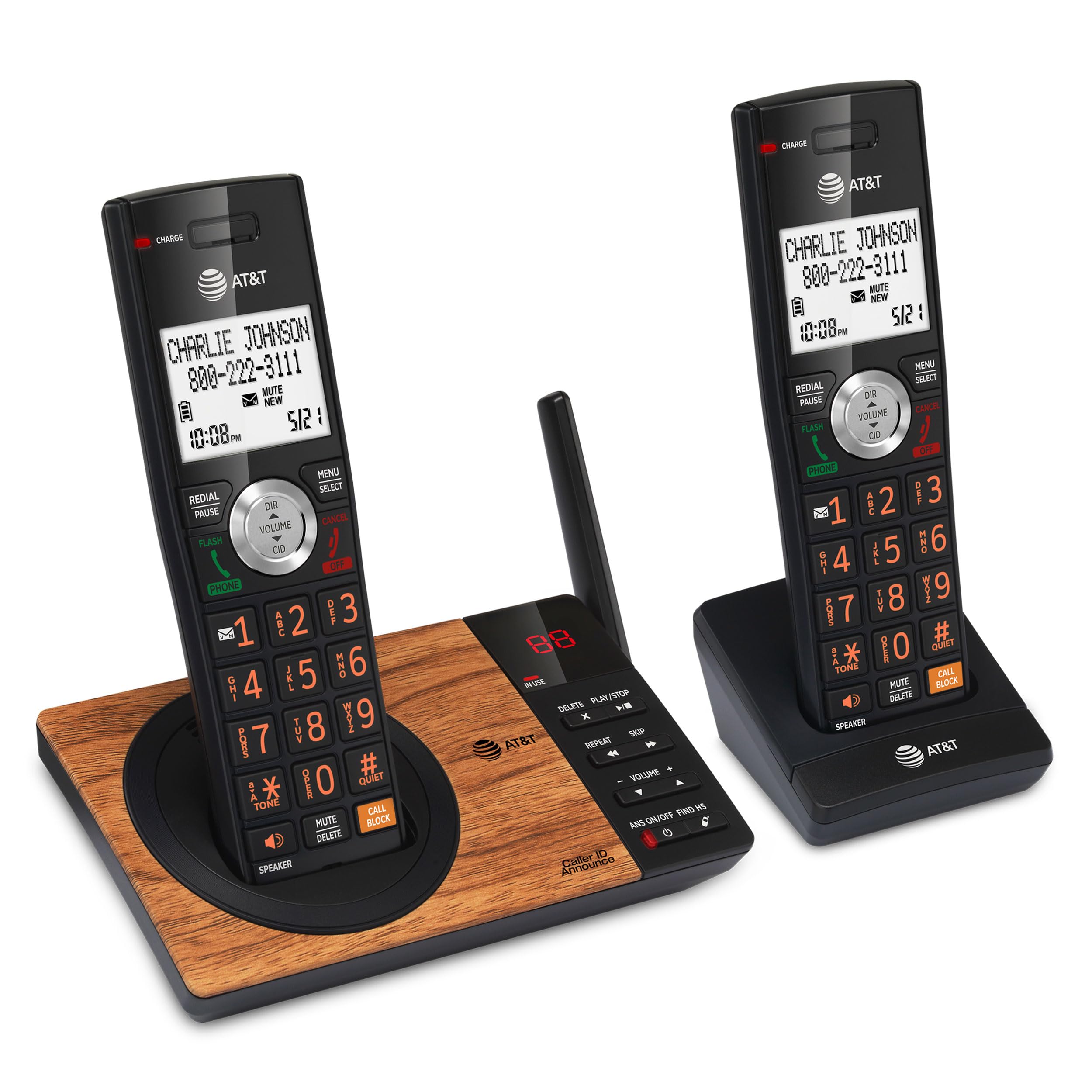 AT&T CL82267 DECT 6.0 2-Handset Cordless Phone for Home with Answering Machine, Call Blocking, Caller ID Announcer, Intercom and Long Range, Black & Wood Grain Finish