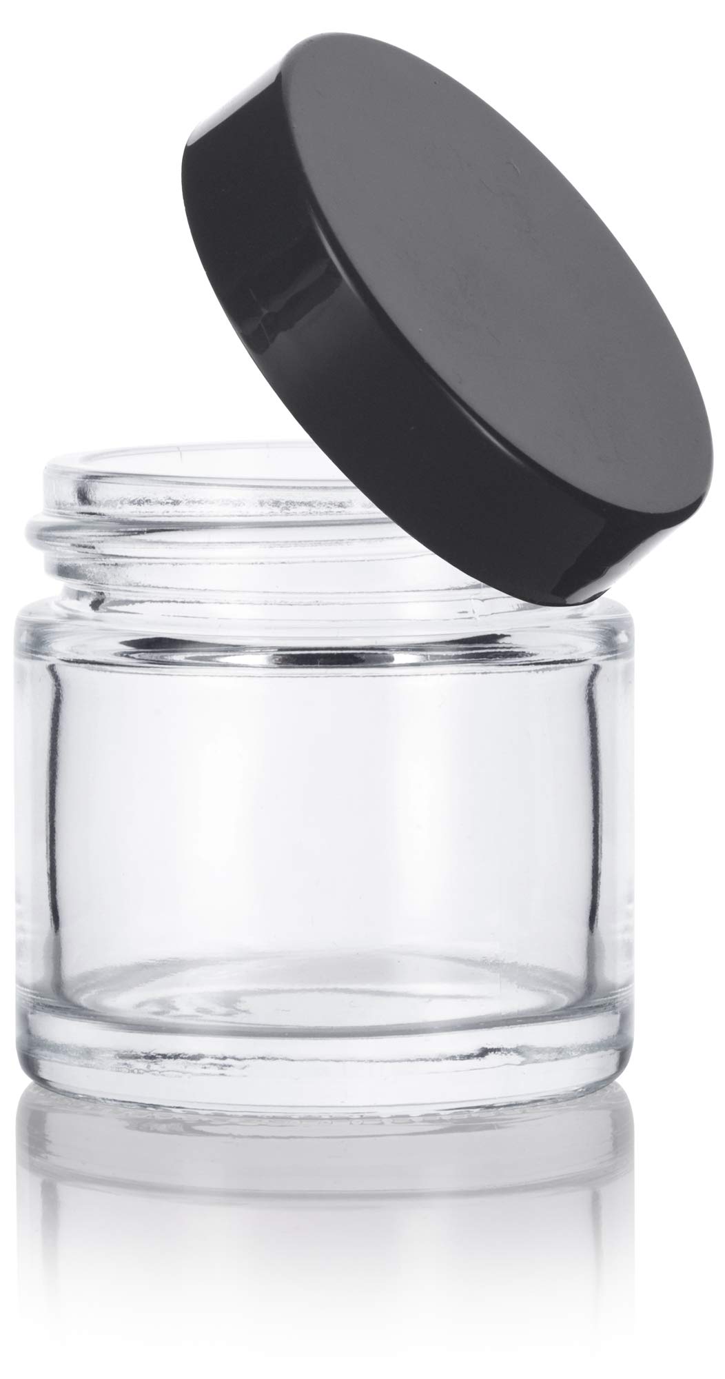 1 oz / 30 ml Clear Thick Wall Glass Straight Sided Jar with Black Smooth Lids (12 Pack) Airtight, Smell Proof