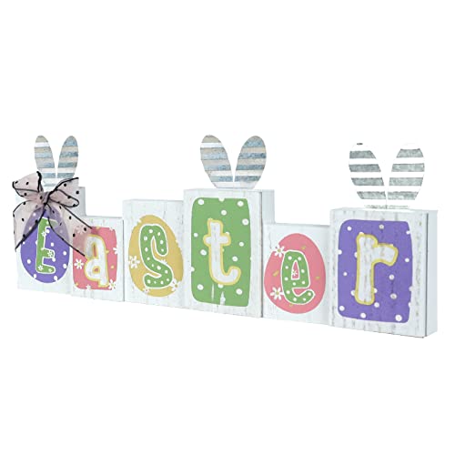 Easter Decorations for the Home, hogardeck Easter Bunny Table Decor Wood Sign, Colorful Wooden Block Signs with Metal Bunny Ears Dots Bow Table Centerpiece Farmhouse Decor for Party Fireplace Tiered Tray