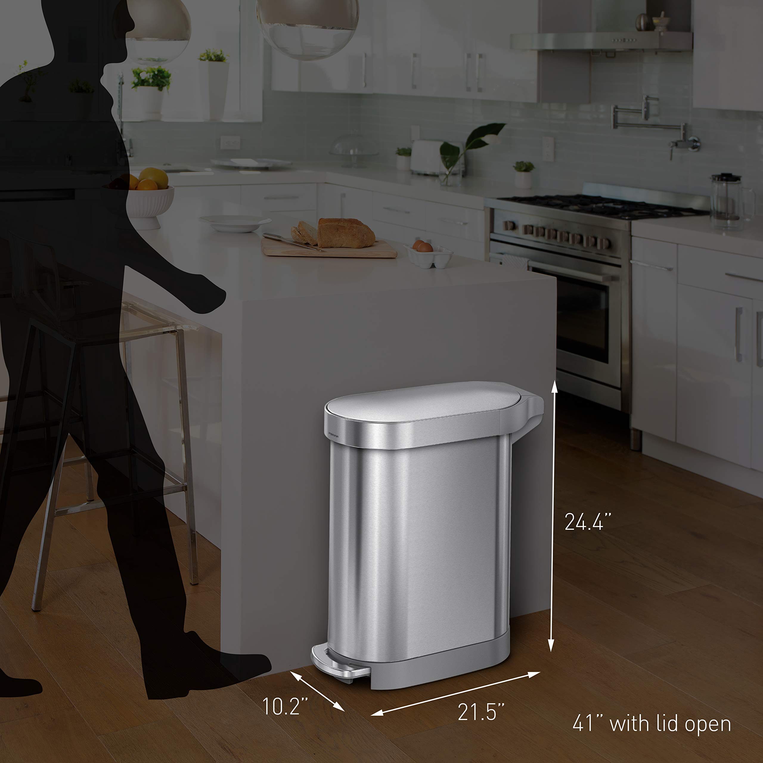 simplehuman 45 Liter / 12 Gallon Slim Hands-Free Kitchen Step Trash Can, Brushed Stainless Steel