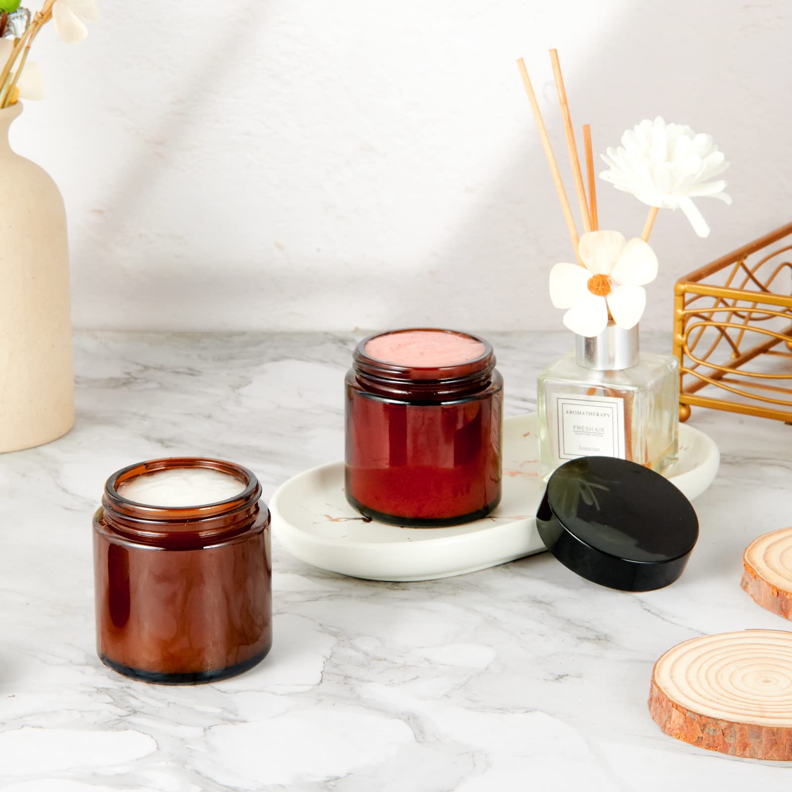 4oz Jars with Lids, Hoa Kinh 12 Pack Amber Glass Jars with Lids Empty Cosmetic Containers Round Airtight Glass Jar with Inner Liners and black Lids for Storing Lotions, Powders, and Ointments
