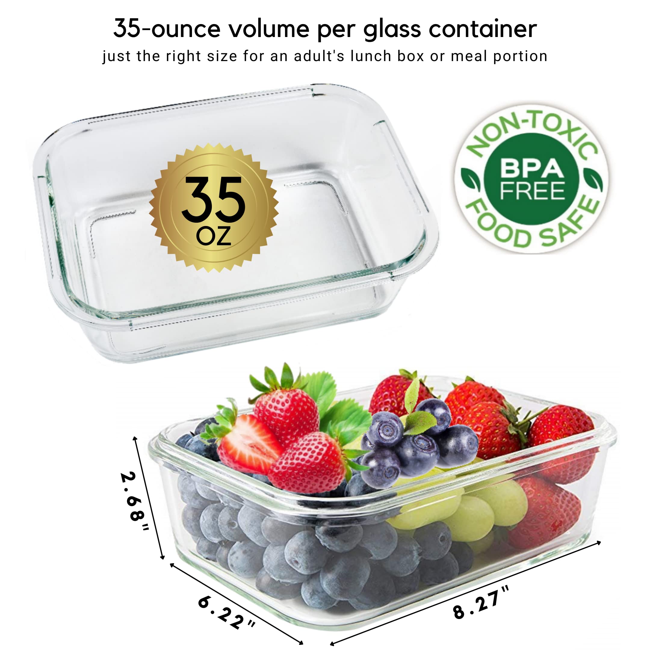Brieftons Glass Meal Prep Containers: 5 Pack, 30 Oz with Airtight, Leakproof Snap Locking Lids, Perfect for Food Storage, Lunch & Portion Control, BPA-Free, Microwave, Oven, Freezer & Dishwasher Safe