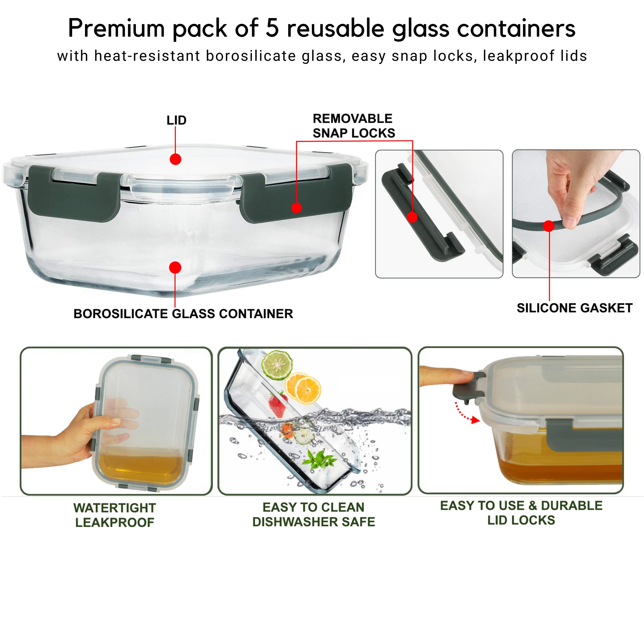 Brieftons Glass Meal Prep Containers: 5 Pack, 30 Oz with Airtight, Leakproof Snap Locking Lids, Perfect for Food Storage, Lunch & Portion Control, BPA-Free, Microwave, Oven, Freezer & Dishwasher Safe