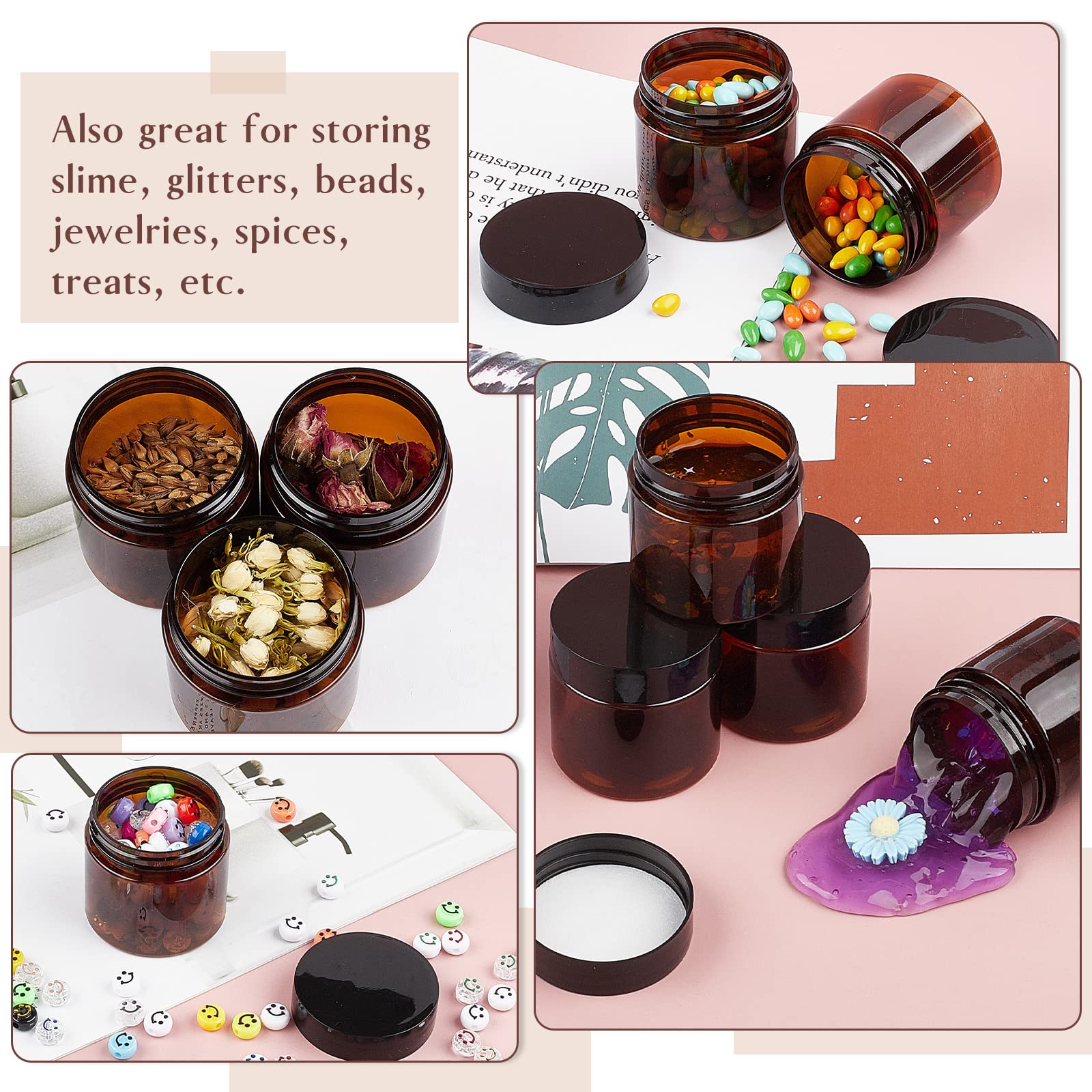 20 Pack 2 oz Amber Plastic Jars with Lids and Labels, Empty Salve Containers Refillable Cosmetic Jars for Creams, Lotion, Body Scrubs