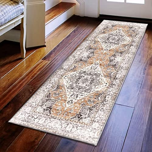 Boho Medallion Hallway Runner Rug 2x6 Persian Distressed Entry Throw Rug Bohemian Ultra Thin Stain Resistant Indoor Rug Non-Slip Washable Low Pile Carpet for Entrance Living Room Bedroom Dining Table