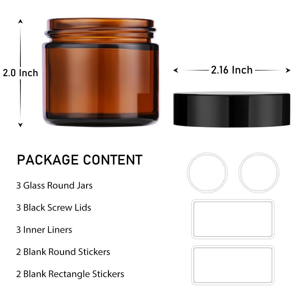 Bumobum 2 oz Glass Jars with Lids, 3 pack Small Jars with White Labels & Inner Liners, Multicolor 60 ml Empty Round Cosmetic Containers for Sample, Powder, Cream, Lotion, Spice