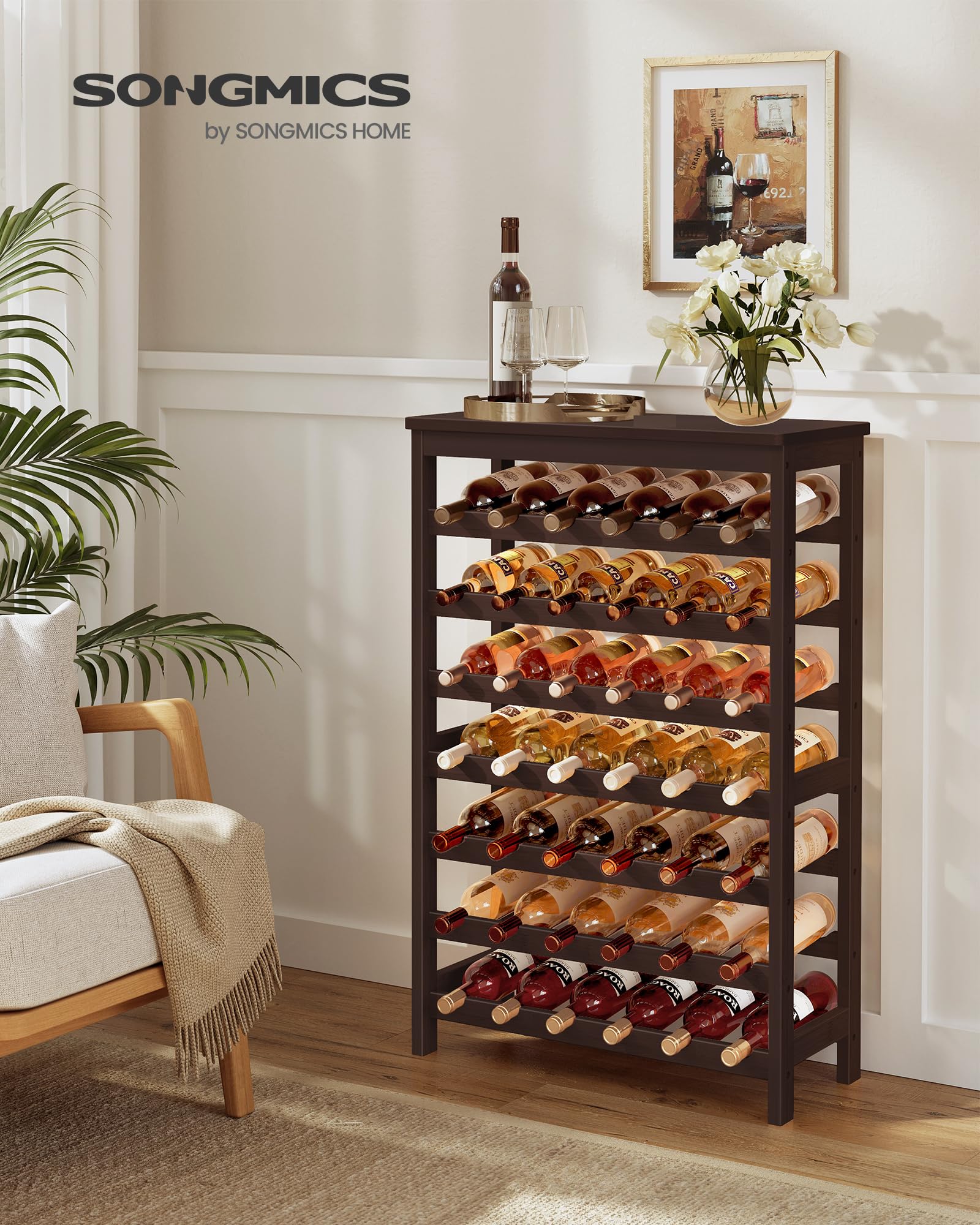 SONGMICS 42-Bottle Wine Rack Free Standing Floor, 7-Tier Display Wine Storage Shelves with Table Top, Bamboo Wobble-Free Bottle Holder for Kitchen Bar Dining Room Living Room, Espresso UKWR27BR