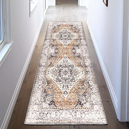 Boho Medallion Hallway Runner Rug 2x6 Persian Distressed Entry Throw Rug Bohemian Ultra Thin Stain Resistant Indoor Rug Non-Slip Washable Low Pile Carpet for Entrance Living Room Bedroom Dining Table