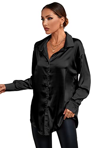 LYANER Women's Satin Silk Collar V Neck Button Down Long Sleeve Blouse Shirt Top Black X-Large