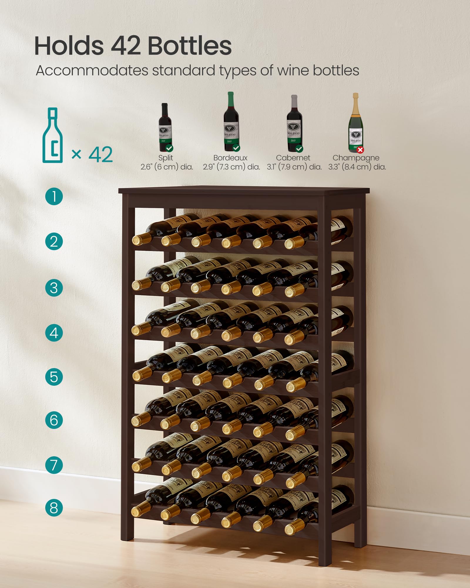 SONGMICS 42-Bottle Wine Rack Free Standing Floor, 7-Tier Display Wine Storage Shelves with Table Top, Bamboo Wobble-Free Bottle Holder for Kitchen Bar Dining Room Living Room, Espresso UKWR27BR