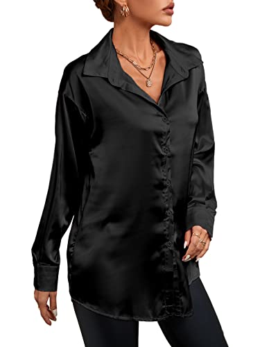 LYANER Women's Satin Silk Collar V Neck Button Down Long Sleeve Blouse Shirt Top Black X-Large