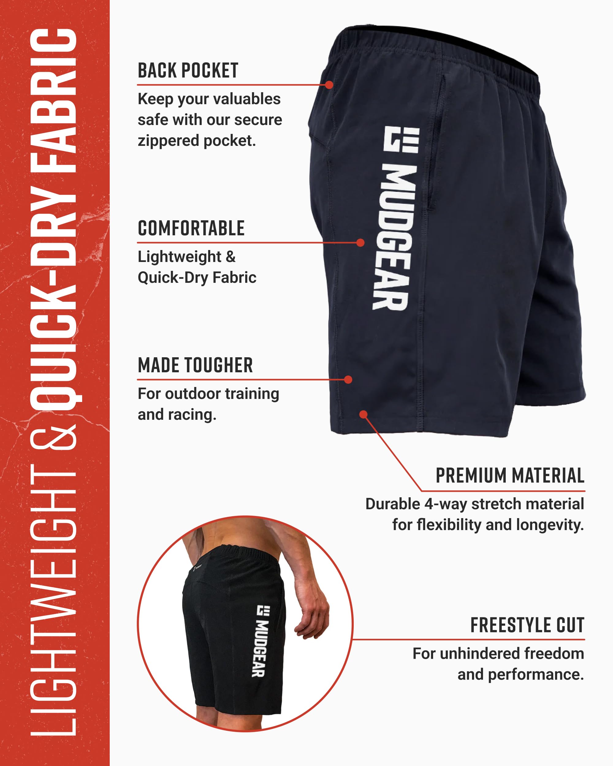 MudGear Men's Freestyle Running Shorts, Moisture-Wicking, Lightweight & Quick-Dry Athletic Workout Apparel with 7" Inseam, Zipper Pocket & 4-Way Stretch for Gym, Race & Trail, Black, Large