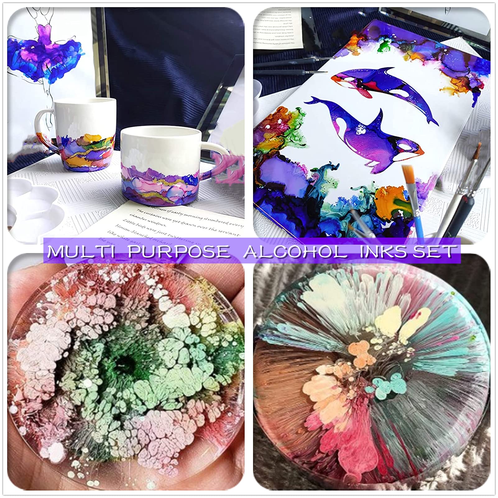 Alcohol Ink Set – 48 Bottles Vibrant Colors High Concentrated Alcohol-Based Ink, Concentrated Epoxy Resin Paint Colour Dye, Great for Painting,Resin Petri Dish, Coaster,Tumbler Cup Making,(10ml Each)