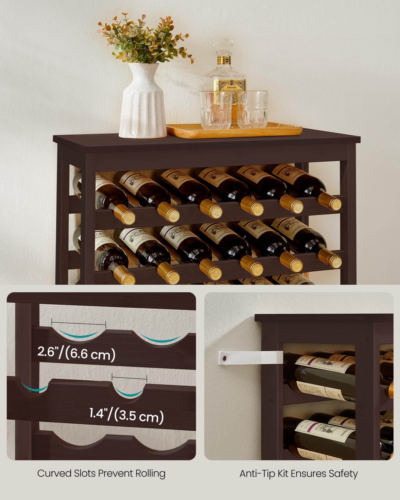 SONGMICS 42-Bottle Wine Rack Free Standing Floor, 7-Tier Display Wine Storage Shelves with Table Top, Bamboo Wobble-Free Bottle Holder for Kitchen Bar Dining Room Living Room, Espresso UKWR27BR