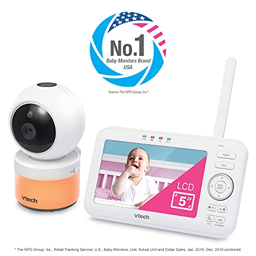 VTech [Upgraded] VM5463-2 Video Baby Monitor 5" LCD with 2 Cameras, Battery 12 Hrs, Pan Tilt Zoom, Color Night Light, Glow On The Ceiling Projection, Two-Way Talk