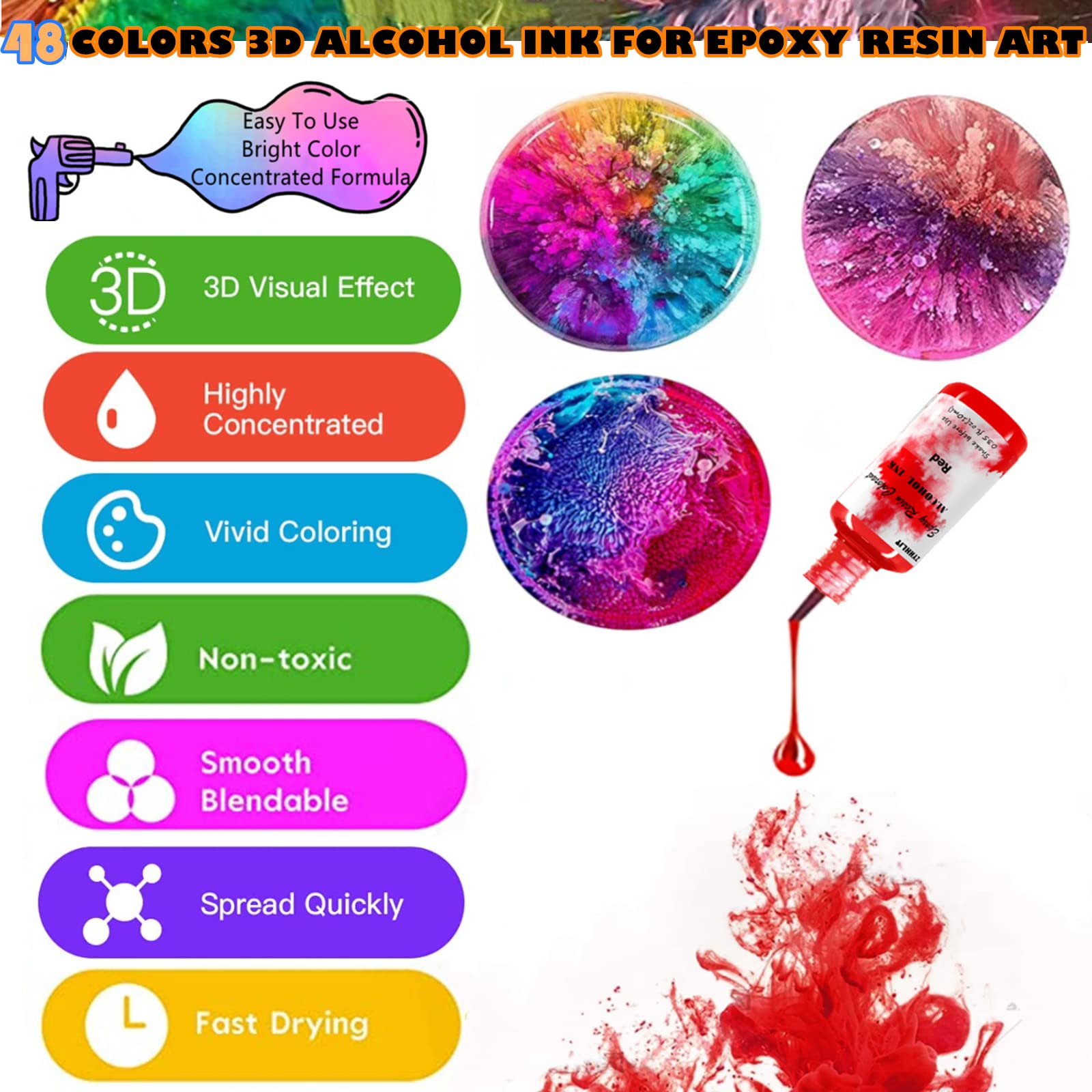 Alcohol Ink Set – 48 Bottles Vibrant Colors High Concentrated Alcohol-Based Ink, Concentrated Epoxy Resin Paint Colour Dye, Great for Painting,Resin Petri Dish, Coaster,Tumbler Cup Making,(10ml Each)