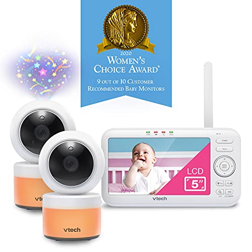 VTech [Upgraded] VM5463-2 Video Baby Monitor 5" LCD with 2 Cameras, Battery 12 Hrs, Pan Tilt Zoom, Color Night Light, Glow On The Ceiling Projection, Two-Way Talk