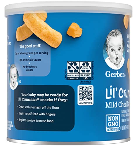 Gerber Lil Crunchies Baked Grain Snack, Mild Cheddar, Baked with Whole Grains & Non GMO Ingredients, For Crawlers 8 Months & Up, 1.48-Ounce Canister (Pack of 2)