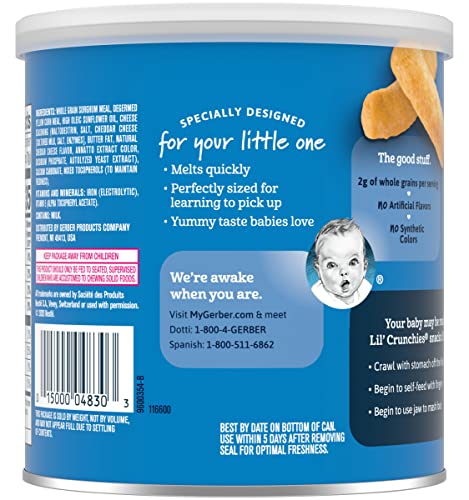 Gerber Lil Crunchies Baked Grain Snack, Mild Cheddar, Baked with Whole Grains & Non GMO Ingredients, For Crawlers 8 Months & Up, 1.48-Ounce Canister (Pack of 2)