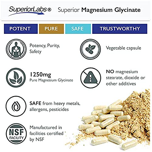 Superior Labs - Magnesium Glycinate - 1250 mg, 120 Vegetable Capsules - Essential Mineral - Maintains Energy - Healthy Bones and Muscle Function- Relaxation & Sleep
