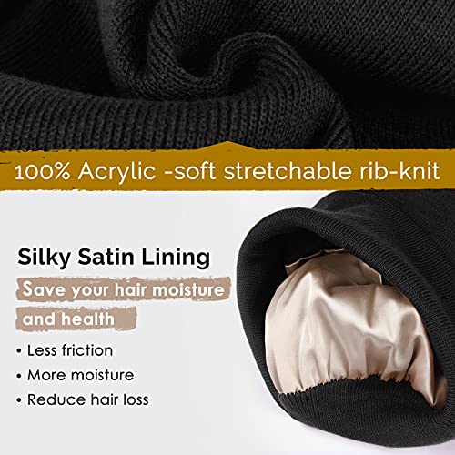 YANIBEST Womens Satin Lined Knit Beanie Hat Acrylic Winter Hats for Women Men Silk Lining Soft Slouchy Warm Cuffed Beanie Hat