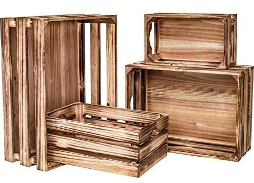 MACVAD Set of 4 Large Torched Wood Decorative Storage Crates, Nesting Wooden Crates for Display Rustic, Farmhouse Wooden Storage Container Boxes Made from 100% Wood