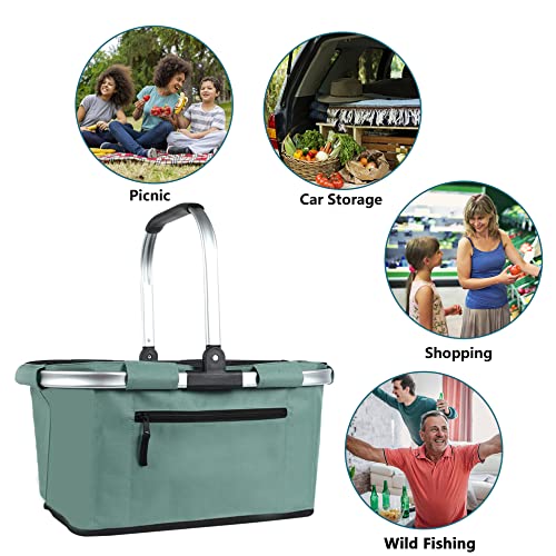 SIYUAN Picnic Basket, 22L Folding Shopping Basket Strong Aluminum Frame Camping Grocery Bags, Leak-Proof Travel Basket Easy Storage Market Basket,1 Pack,Green