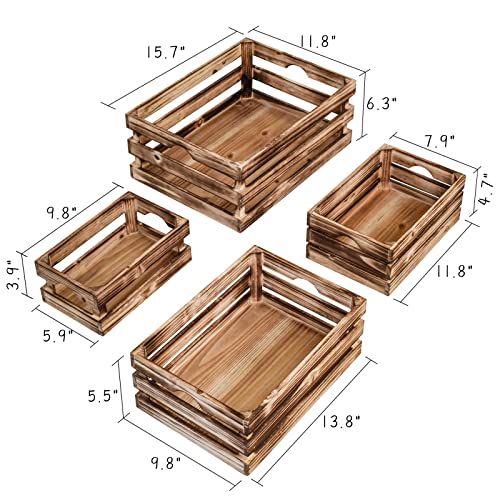 MACVAD Set of 4 Large Torched Wood Decorative Storage Crates, Nesting Wooden Crates for Display Rustic, Farmhouse Wooden Storage Container Boxes Made from 100% Wood