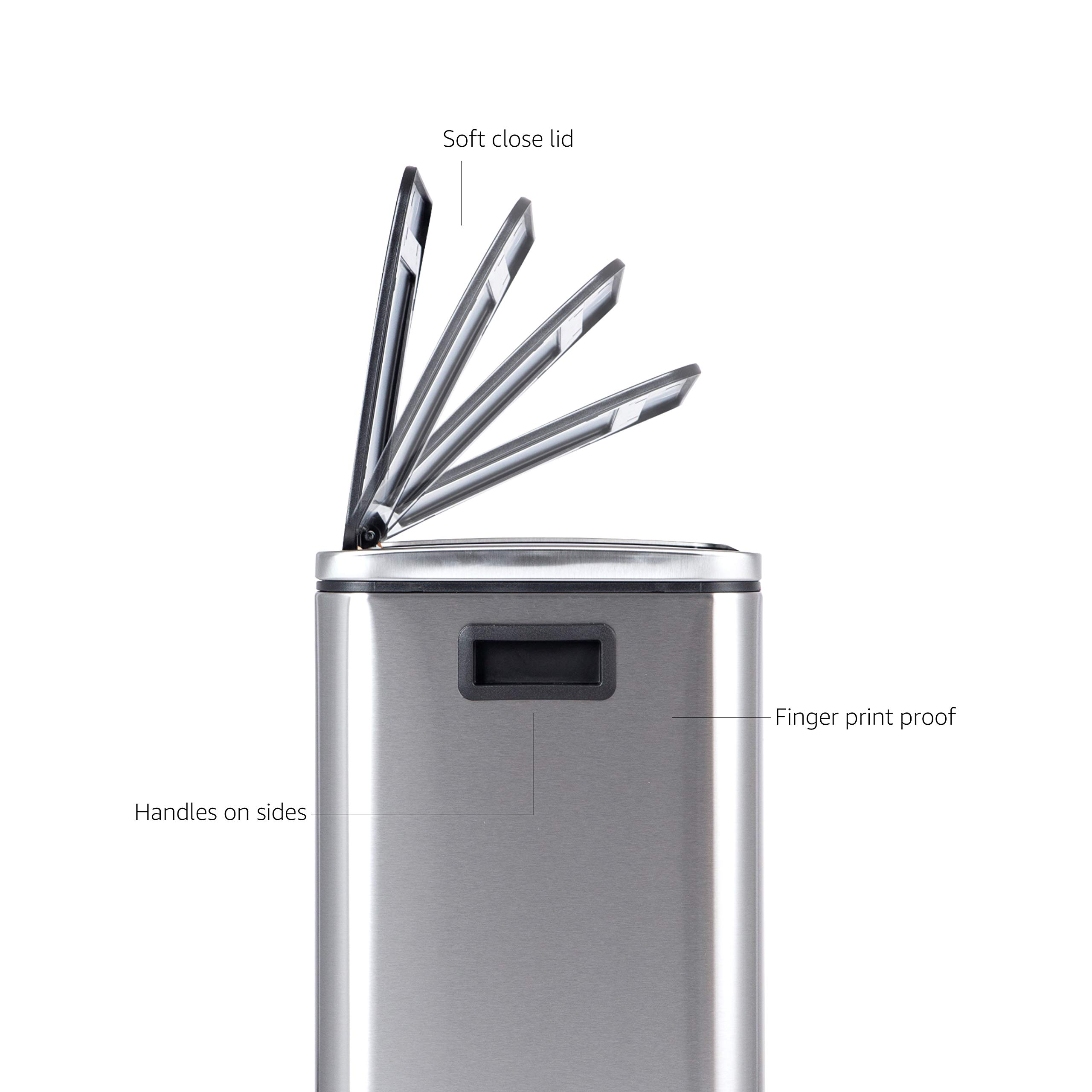 Amazon Basics 30L Dual Bin Soft-Close Trash can with Foot Pedal - 2 x 15 Liter Bins, Stainless Steel
