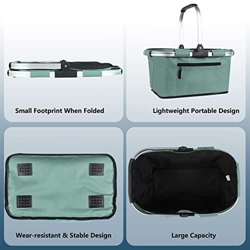 SIYUAN Picnic Basket, 22L Folding Shopping Basket Strong Aluminum Frame Camping Grocery Bags, Leak-Proof Travel Basket Easy Storage Market Basket,1 Pack,Green
