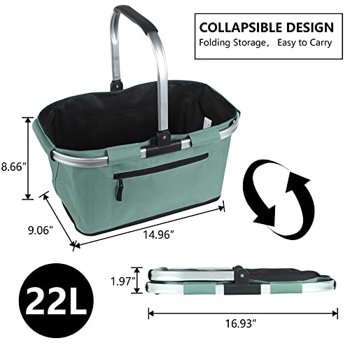 SIYUAN Picnic Basket, 22L Folding Shopping Basket Strong Aluminum Frame Camping Grocery Bags, Leak-Proof Travel Basket Easy Storage Market Basket,1 Pack,Green