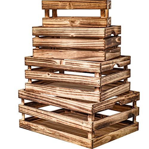 MACVAD Set of 4 Large Torched Wood Decorative Storage Crates, Nesting Wooden Crates for Display Rustic, Farmhouse Wooden Storage Container Boxes Made from 100% Wood