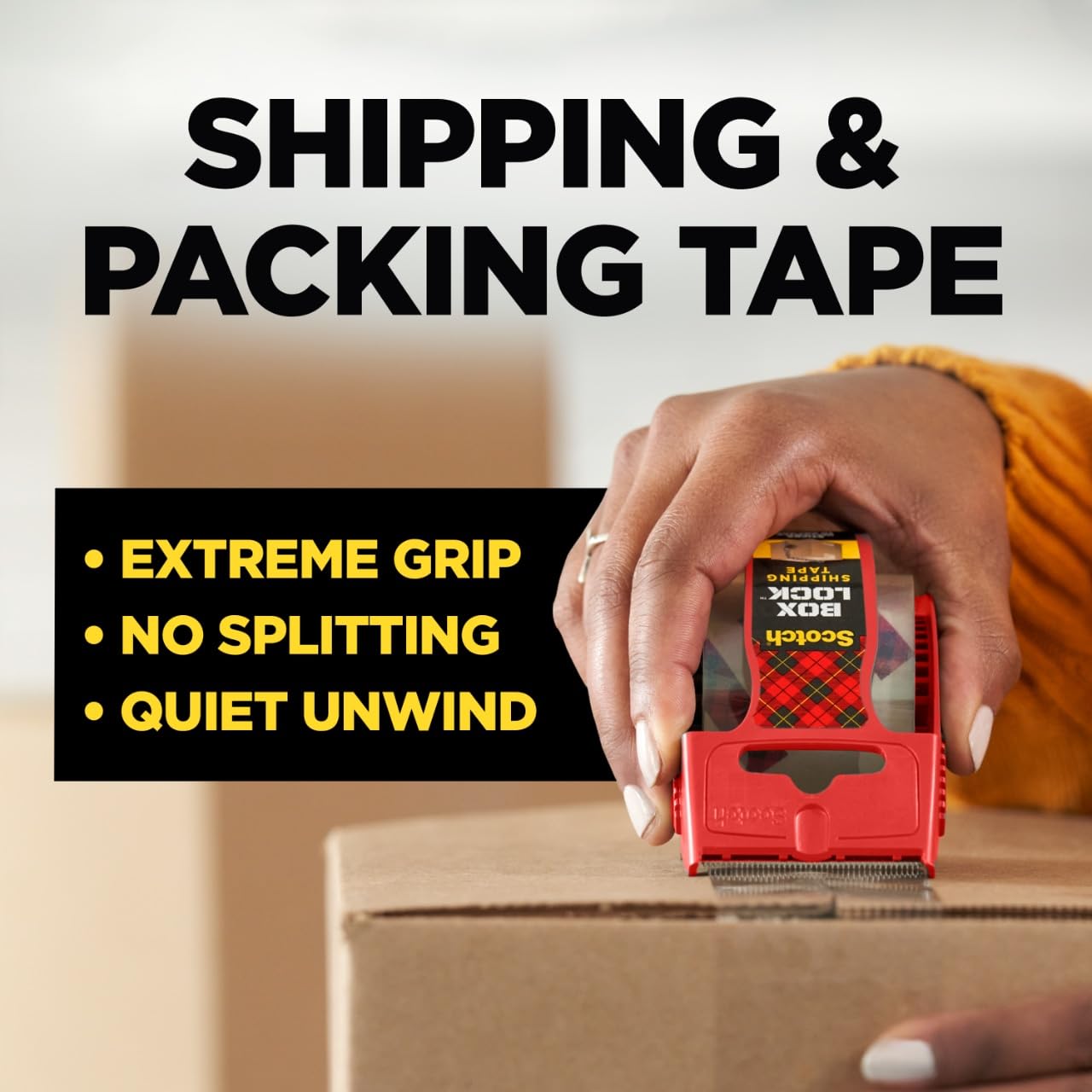 Scotch Box Lock Packaging Tape, 6 Rolls with Dispenser, 1.88 in x 800 in, Extreme Grip Packing, Shipping and Mailing Tape, Sticks Instantly to Any Box