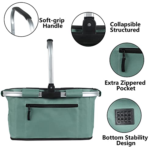 SIYUAN Picnic Basket, 22L Folding Shopping Basket Strong Aluminum Frame Camping Grocery Bags, Leak-Proof Travel Basket Easy Storage Market Basket,1 Pack,Green