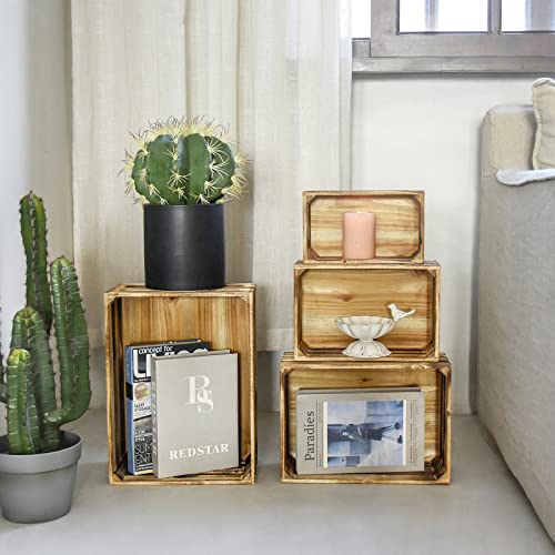 MACVAD Set of 4 Large Torched Wood Decorative Storage Crates, Nesting Wooden Crates for Display Rustic, Farmhouse Wooden Storage Container Boxes Made from 100% Wood