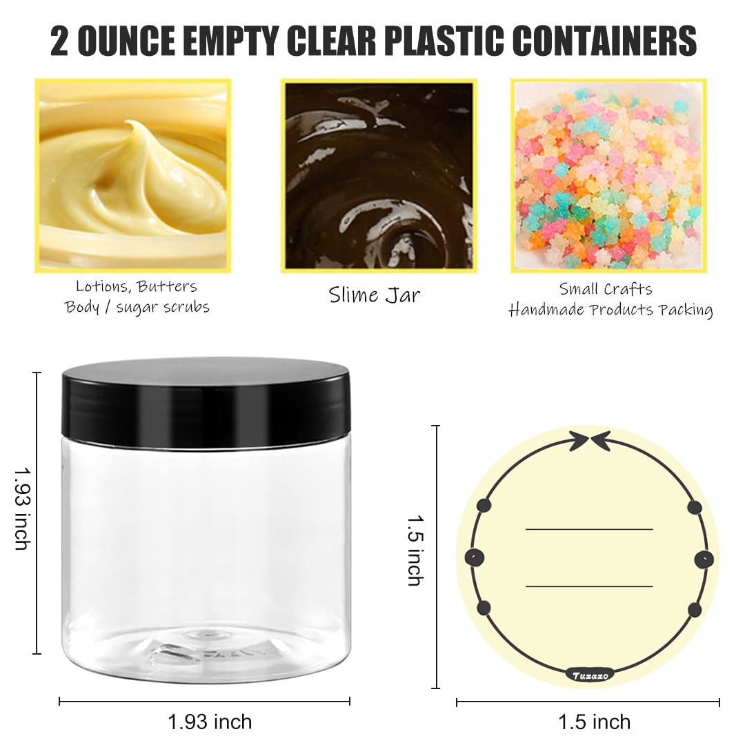 36 Pack 2 Oz Small Plastic Container Jars with Lids and Labels BPA Free, TUZAZO Empty Round Clear Cosmetic Containers Plastic Slime Jars for Lotion, Cream, Ointments, Samples, Travel Storage (36)