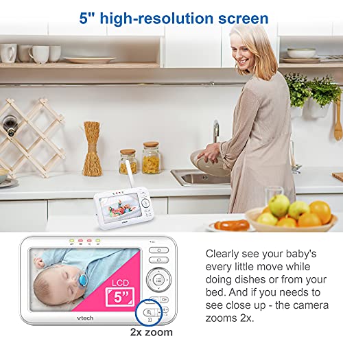 VTech [Upgraded] VM5463-2 Video Baby Monitor 5" LCD with 2 Cameras, Battery 12 Hrs, Pan Tilt Zoom, Color Night Light, Glow On The Ceiling Projection, Two-Way Talk
