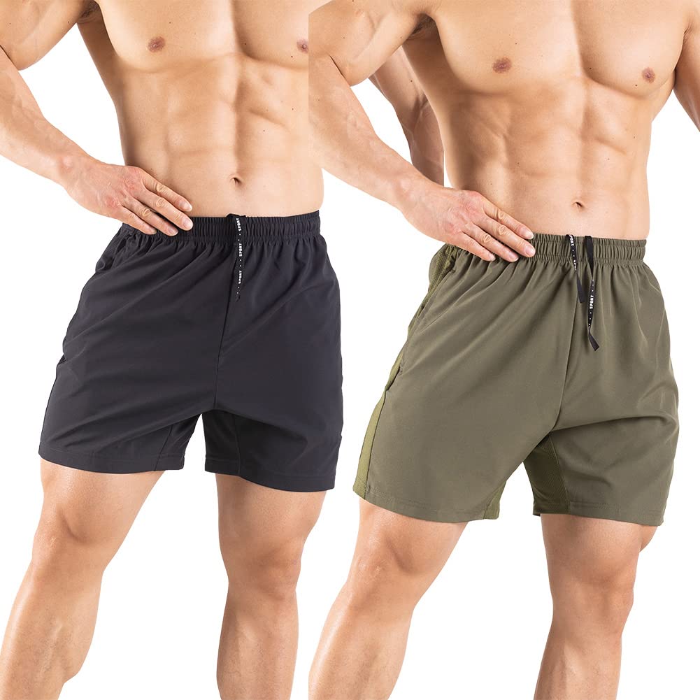Gaglg Men's 5" Running Shorts 2 Pack Quick Dry Athletic Workout Gym Shorts with Zipper Pockets Black/Green,Small