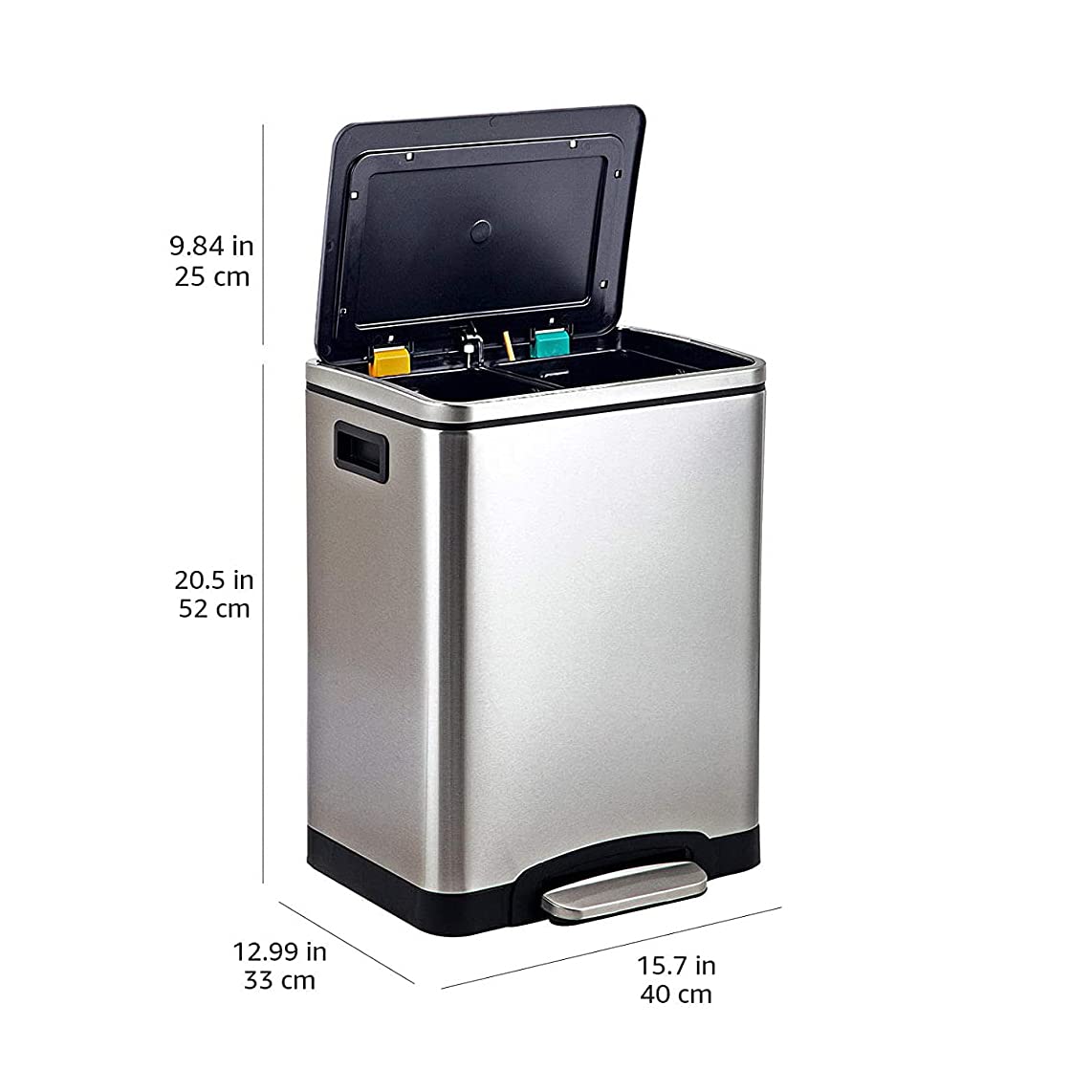 Amazon Basics 30L Dual Bin Soft-Close Trash can with Foot Pedal - 2 x 15 Liter Bins, Stainless Steel