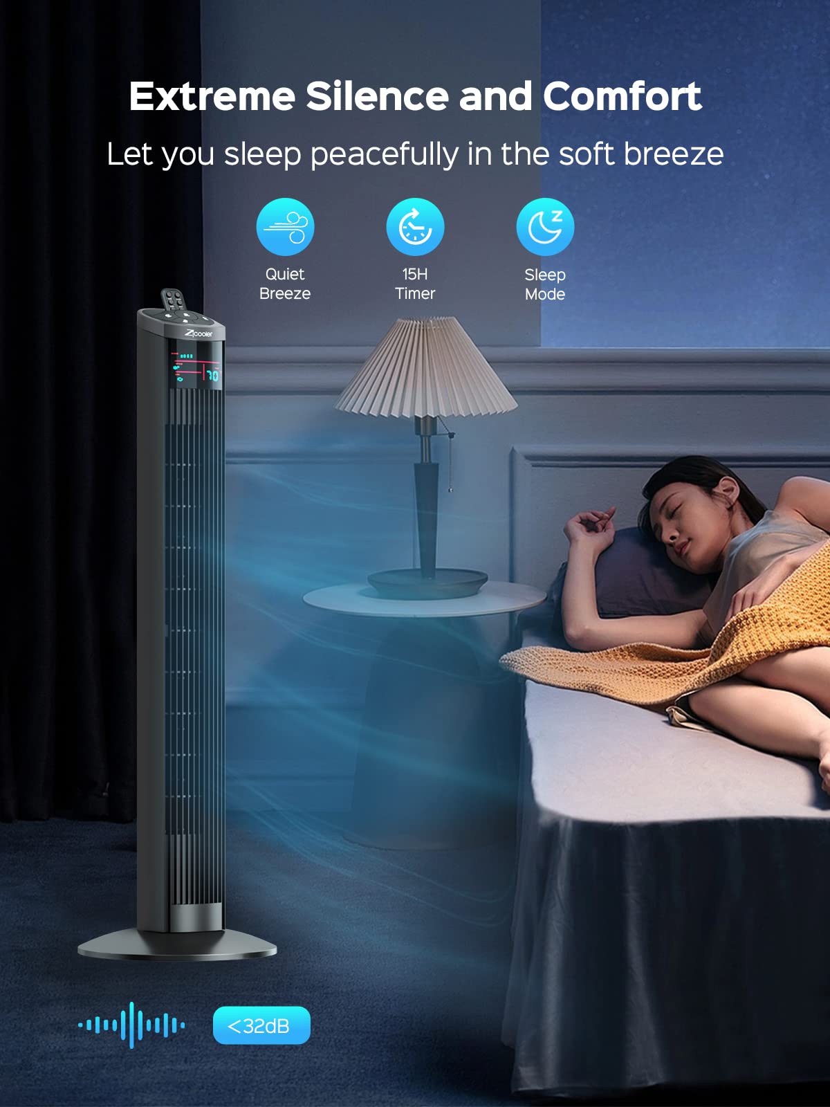 ZICOOLER 37" Tower Fan, Large Airflow 70° Oscillating Fan with Remote, 32dB Quiet Fan with 3 Modes, LED Display, 15H Timer, 3 Speeds, Standing Fan for Bedroom, Home, Office