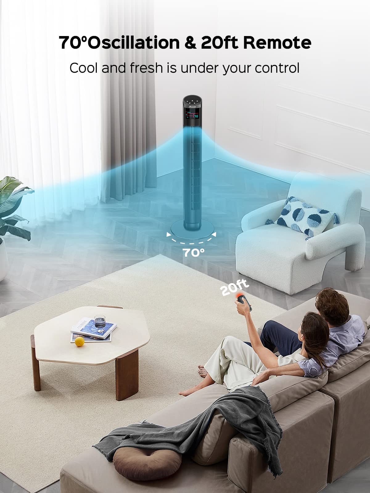 ZICOOLER 37" Tower Fan, Large Airflow 70° Oscillating Fan with Remote, 32dB Quiet Fan with 3 Modes, LED Display, 15H Timer, 3 Speeds, Standing Fan for Bedroom, Home, Office