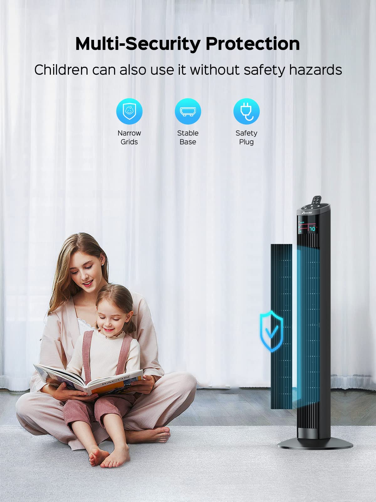 ZICOOLER 37" Tower Fan, Large Airflow 70° Oscillating Fan with Remote, 32dB Quiet Fan with 3 Modes, LED Display, 15H Timer, 3 Speeds, Standing Fan for Bedroom, Home, Office