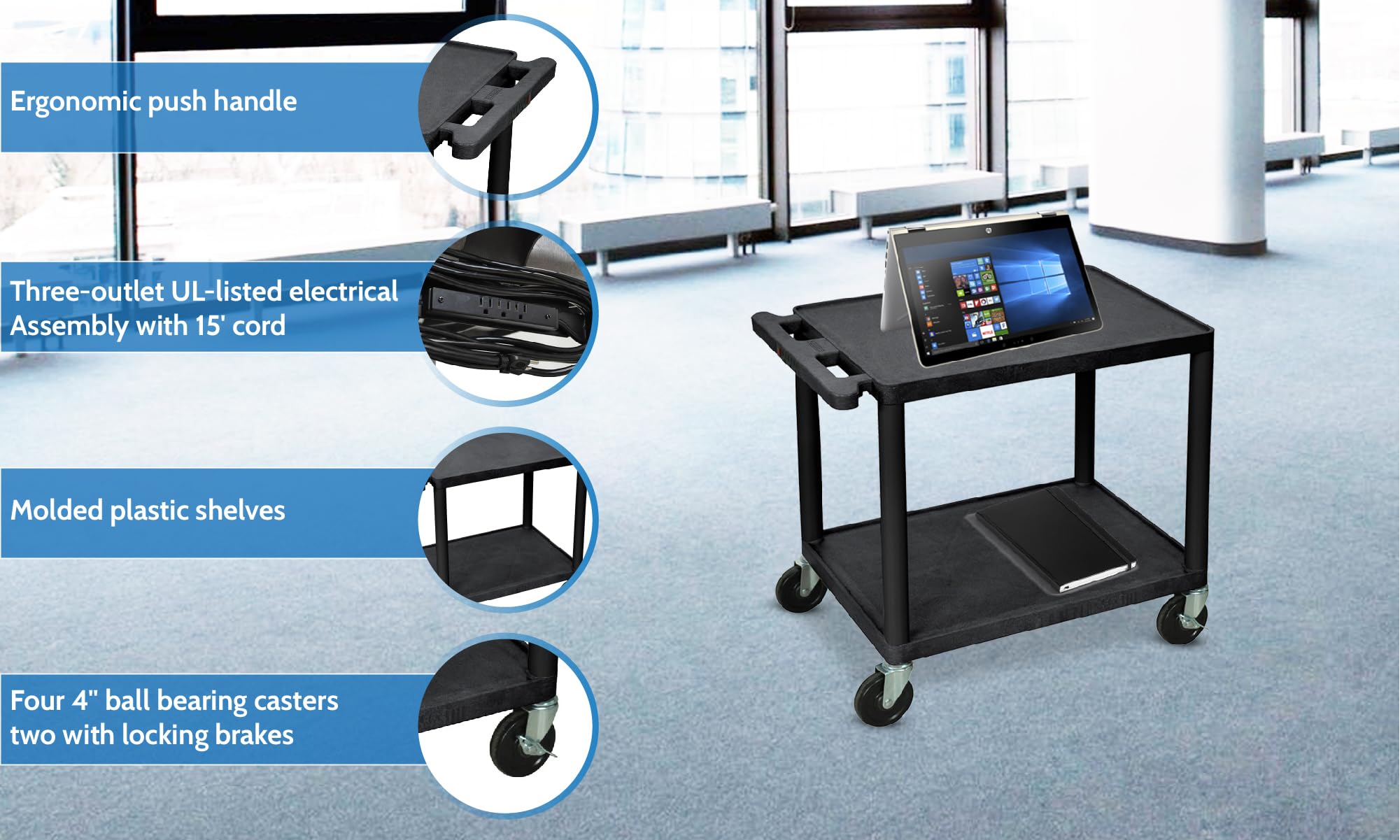 Offex Mobile Electric Multipurpose Utility Storage Audio Video Workstation Cart with 2 Shelves, Black