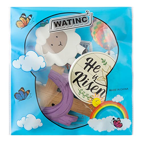 WATINC 3Pcs He is Risen Easter Table Decor Religious Tiered Tray Sign, Jesus Christian Wooden Signs Tabletop Decoration, Double-sided Christ Cross Wood Centerpiece Desk Topper for Easter Spring Party