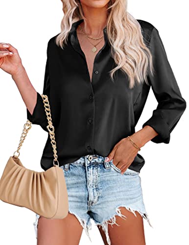 Zeagoo Satin Blouses for Women Long Sleeve Silk Button Down Shirts Causal Loose Business Work Top Black