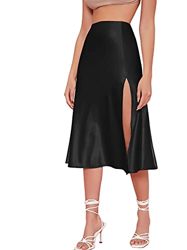 Verdusa Women's Satin Split Thigh High Waist Swing Midi Skirt Satin Black M