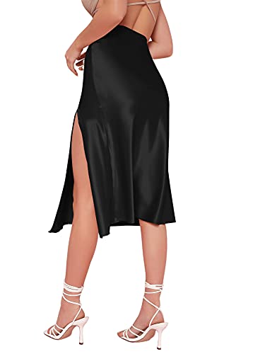 Verdusa Women's Satin Split Thigh High Waist Swing Midi Skirt Satin Black M